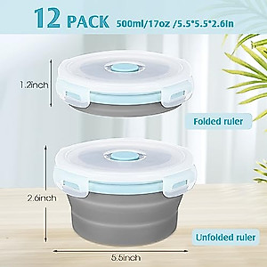 Tanlade 12 Pack Collapsible Bowls with Lids 17oz Collapsible Food Storage Containers Round Lunch Containers Silicone Collapsible Bowls for Camping RV Kitchen Microwave Dishwasher (Blue, Gray)