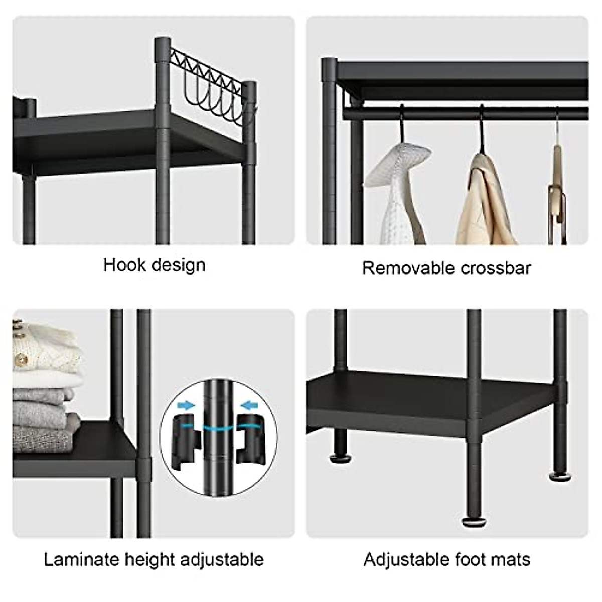 Isyunen Garment Rack, Heavy Duty Clothes Rack with Double Rods and 6 Storage Shelves and 1 Pairs Side Hooks for Hanging Clothes,Adjustable Metal Freestanding Closet Wardrobe Rack,Black (Black)