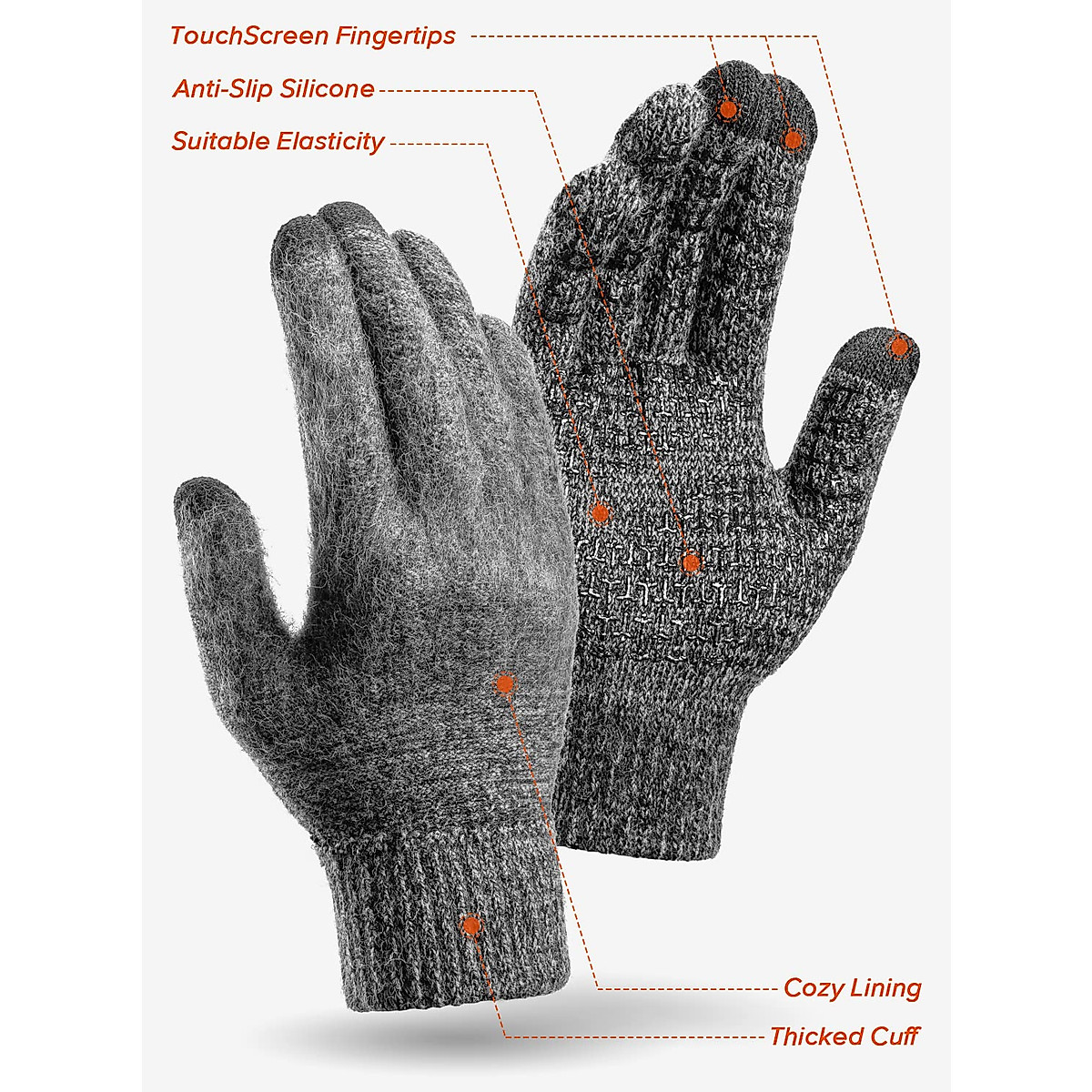 TRENDOUX Winter Gloves Women Men, Touchscreen Glove, Texting Smartphone Riding - Anti-Slip - Thermal Liners - Knitted Soft Material - Hands Warm Glove for Driving - Black Gray - L
