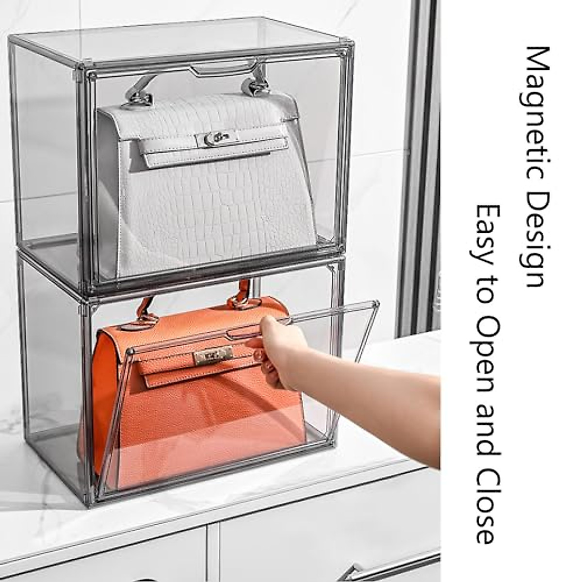 WMM Purse Storage Organizer for Closet, 3 Packs Plastic Acrylic Clear Handbag Purse Shoes Book Figure Toy Display Case, Storage Bins for Cosmetic, Stackable Magnetic Drop Front Storage Organizer