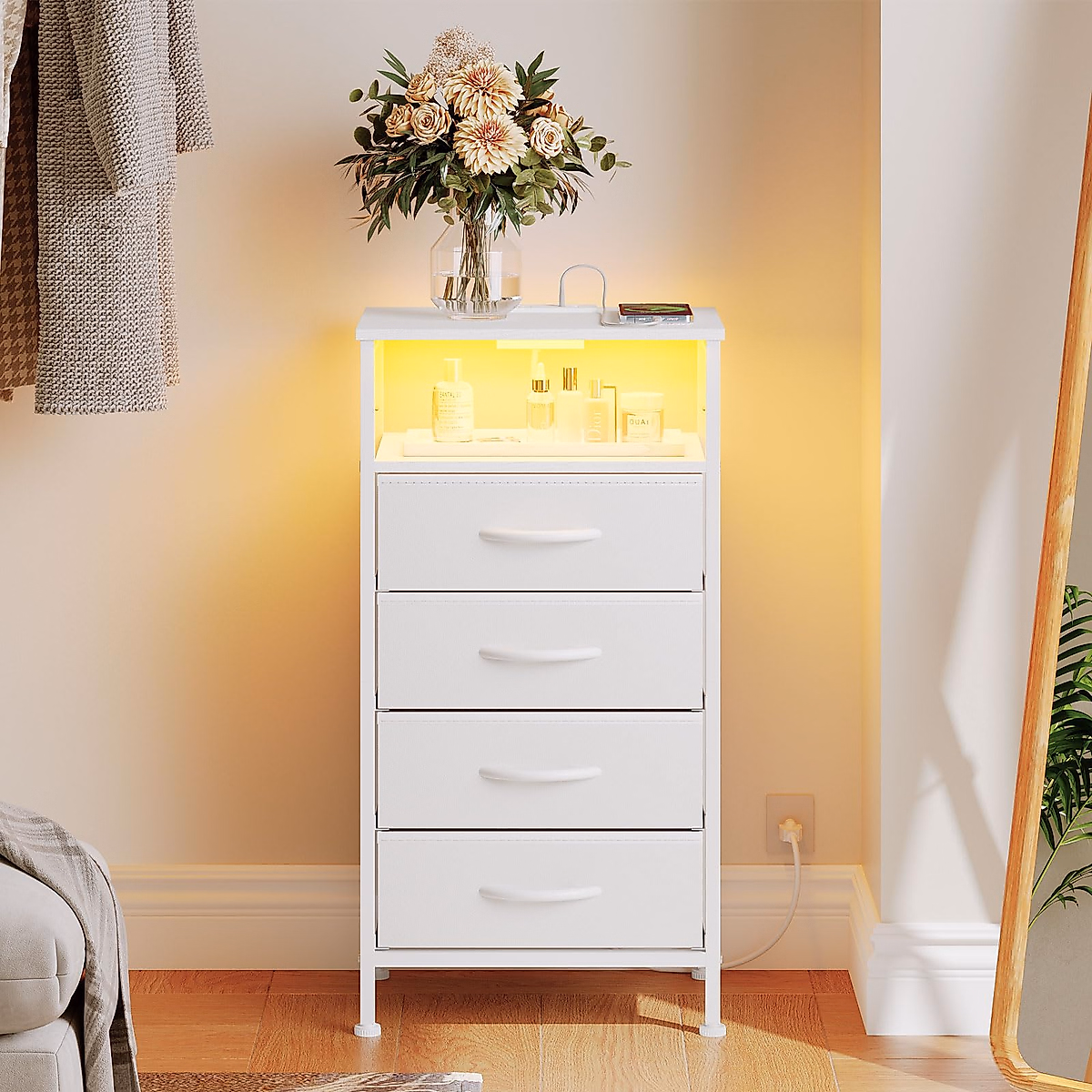 HOOBRO Nightstand with Charging Station and LED Light, End Table with 4 Fabric Drawers, Bedside Table with Outlet and USB Ports, Tall Night Stand for Bedroom, White WT404UDBZ01