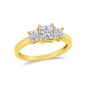 Size - 9.5 - Solid 14k Yellow Gold Princess Cut Three 3 Stone Wedding Engagement Ring, CZ Cubic Zirconia (1.5 ct.)