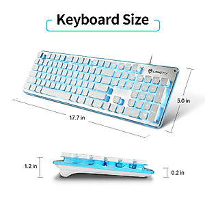 LANGTU LED Computer Keyboard, USB Wired Keyboard for Gaming and Office, All-Metal Panel 104 Keys Quiet Membrane Keyboard with Blue Backlit - L2 White/Silver