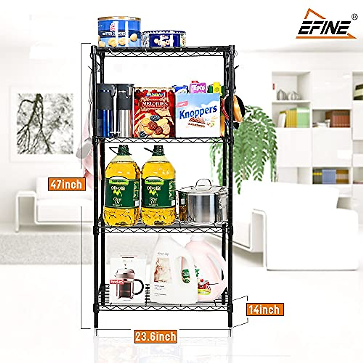 EFINE 4-Shelf Shelving Unit with 8 Hooks, Adjustable, Carbon Steel Wire Shelves, 150lbs Loading Capacity Per Shelf, Units and Storage for Kitchen Garage (23.6W x 14D 47H) Black, S100-4B, 1-Pack