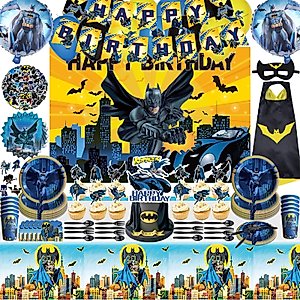 186PCS batm Birthday Party Supplies,Superhero Party Decorations Set Include Birthday Banner,Cake Topper,Cupcake Toppers,Tablecloth,Napkins,7Inch Plates,Invitation Card,Knives,Forks,Spoons