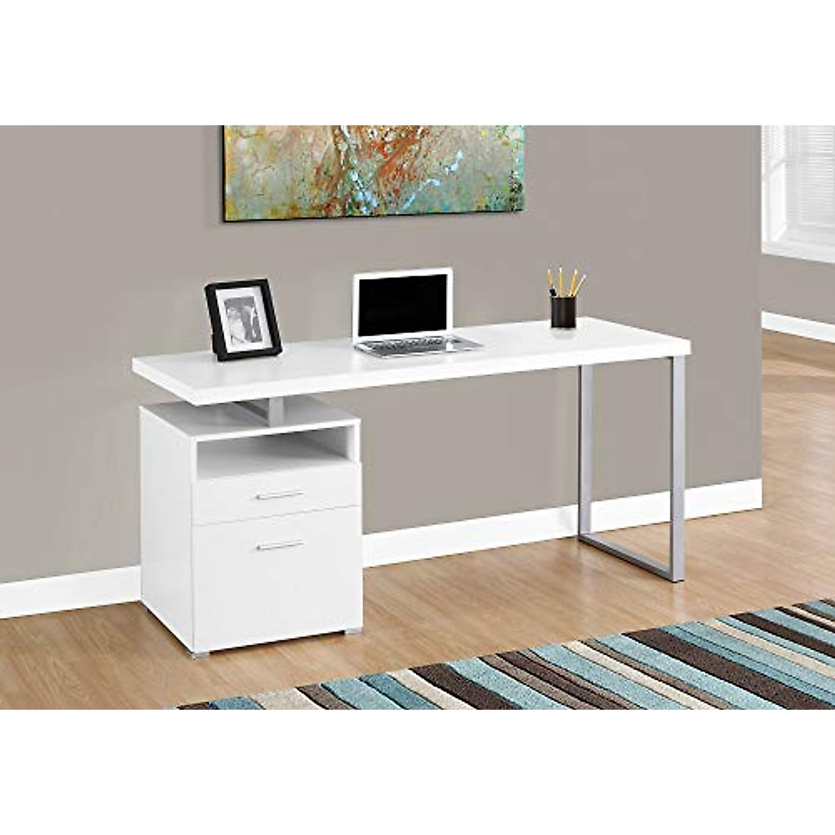 Monarch Specialties Computer Writing Desk for Home & Office Laptop Table with Drawers Open Shelf and File Cabinet-Left or Right Set Up, 60" L, White