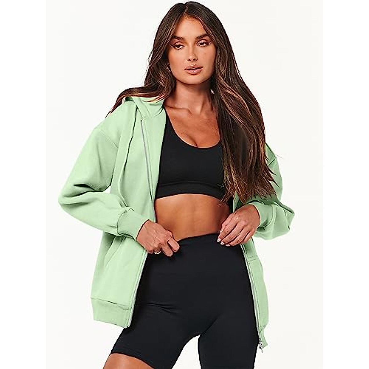 Prinbara Women's Cute Tops 2023 Outfits Teen Girl Jacket Sweater Long Sleeve Sweatshirts Casual Tops Zip Up Trendy Clothes Light Green 9PA89-doulv-L