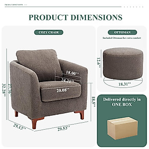 COLAMY Sherpa Accent Chair with Storage Ottoman Set, Upholstered Arm Chair with Footrest, Modern Living Room Chair with Back Pillow and Wooden Legs for Bedroom, Corner, Reading Nook, Brown