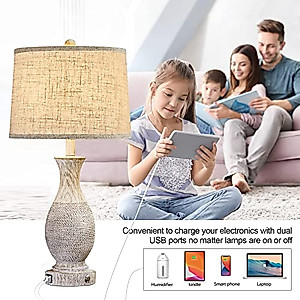 26.5" Farmhouse Table Lamp for Living Room, Rustic Touch Bedside Table Lamp Set of 2 with USB Charging Ports,3-Way Dimmable Nightstand Lamps for Bedroom,Oatmeal Linen Lampshade,LED Bulbs Included