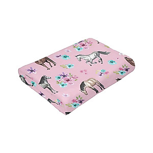 Knsoiv Fashion Flannel Plush Throw Blanket, Horses Flowers Pink Pattern Little Girls Room Watercolor Throw for All Seasons, Warm Air Conditioning Blanket 60"X50"