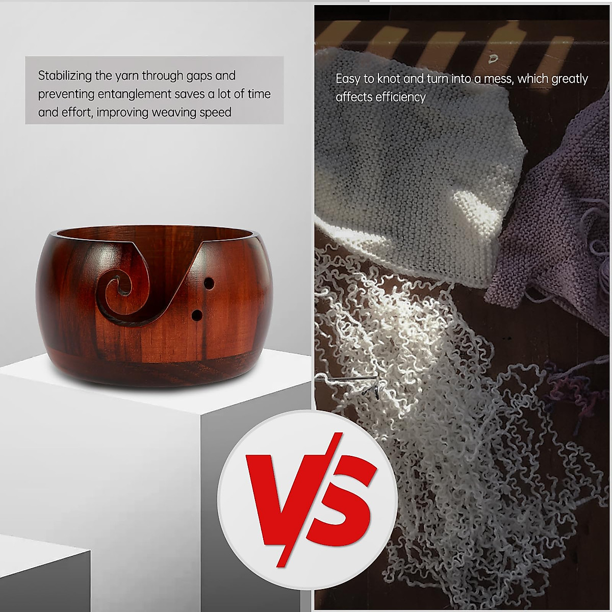 Wooden Yarn Bowl, Handmade Knitting Bowl Wool Holder, Round Crochet Bowl Holder with Holes, Pine Knitting Yarn Bowls Wooden Weaving Thread Bowl, for DIY Knitting 5.9x5.9x3inch (Without Lid)