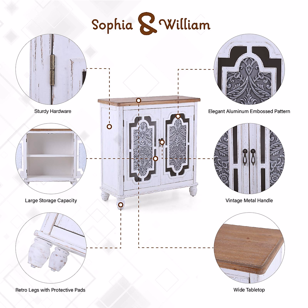 Sophia & William Accent Storage Cabinet with Wood Frame and Iron Embossed Painted Door, Distressed Floor Cabinet for Entryway Living Room