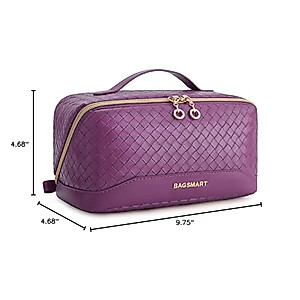BAGSMART Makeup Bag, Travel Cosmetic Bag Organizer, PU Leather Water-Resistant Pouch, Open Flat Makeup Storage for Toiletries, Brushes, PU Leather Purple