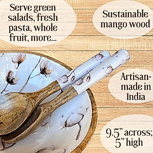 The Fern Trail Wood Serving Bowl | Salad Bowl with Tongs | Wooden Decorative Bowl | Wood Fruit Bowl for Kitchen Counter | Mango Wood Bowl (Blue)