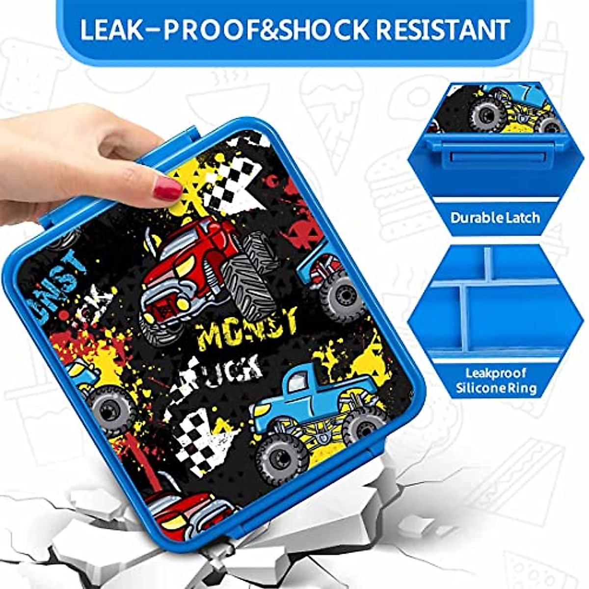 MAISON HUIS Bento Lunch Box for Kids With 8oz Soup Thermo, Leakproof Lunch Compartment Containers with 4 Compartment Bento Box, Thermo Food Jar and Lunch Bag, BPA Free,Travel, School(Monster Truck)