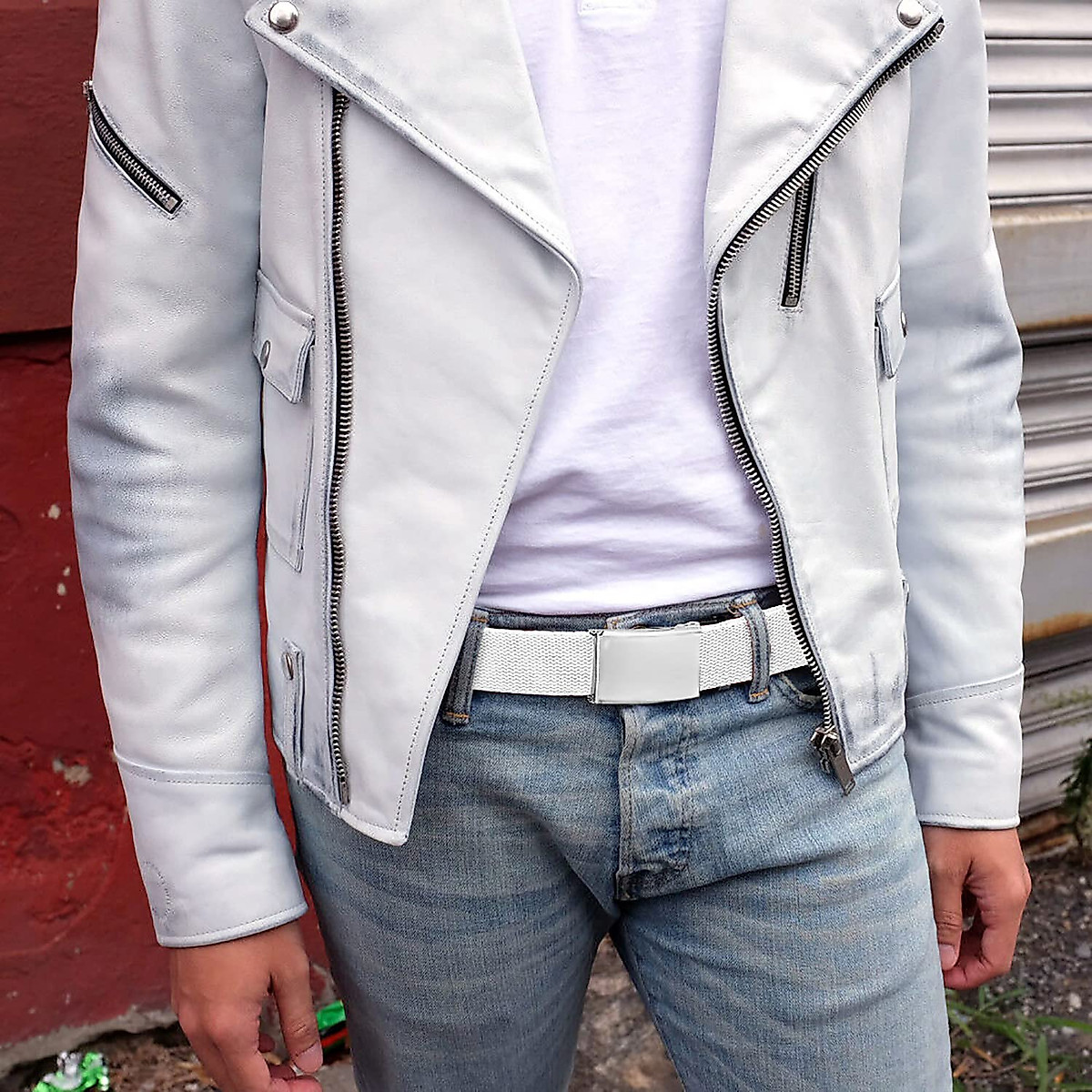 Falari Canvas Web Belt Fully Adjustable Cut to Fit Golf Belt Flip Top Silver Buckle - White