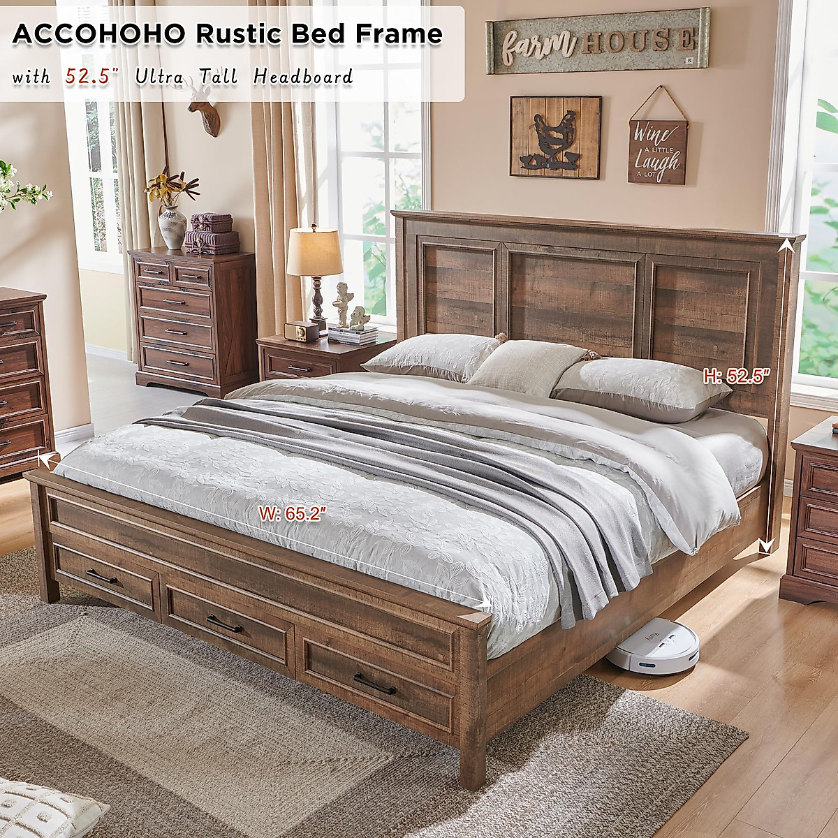 ACCOHOHO Farmhouse Queen Size Bed Frame with 52" Tall Full-Panel Headboard & Footboard, Queen Platform Bedframe with Storage Drawers, Wood Panel Bed Base, No Squeak, No Box Spring Needed, Light Brown
