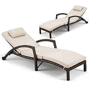 HOMREST Chaise Lounge Chairs Set of 2 for Outside, Adjustable 5 Position Outdoor PE Rattan Wicker Patio Pool Lounge Chair with Arm, Cushion, Pillow and Wheels for Poolside Backyard Deck Porch,Khaki
