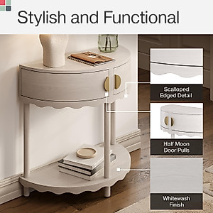 Scalloped Skirt Half Moon Console Table - Small Entry Table with Storage for Narrow Spaces - Modern Home Decor - Living Room Furniture - Solid Wood Entryway Table with Two Doors (Whitewash Oak)