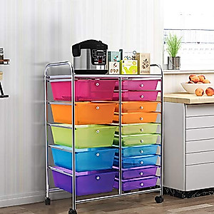HAPPYGRILL 15 Drawer Storage Drawer Cart Organizer Cart Tools Office School Utility Cart Paper Organizer Rolling Storage Cart with Wheels