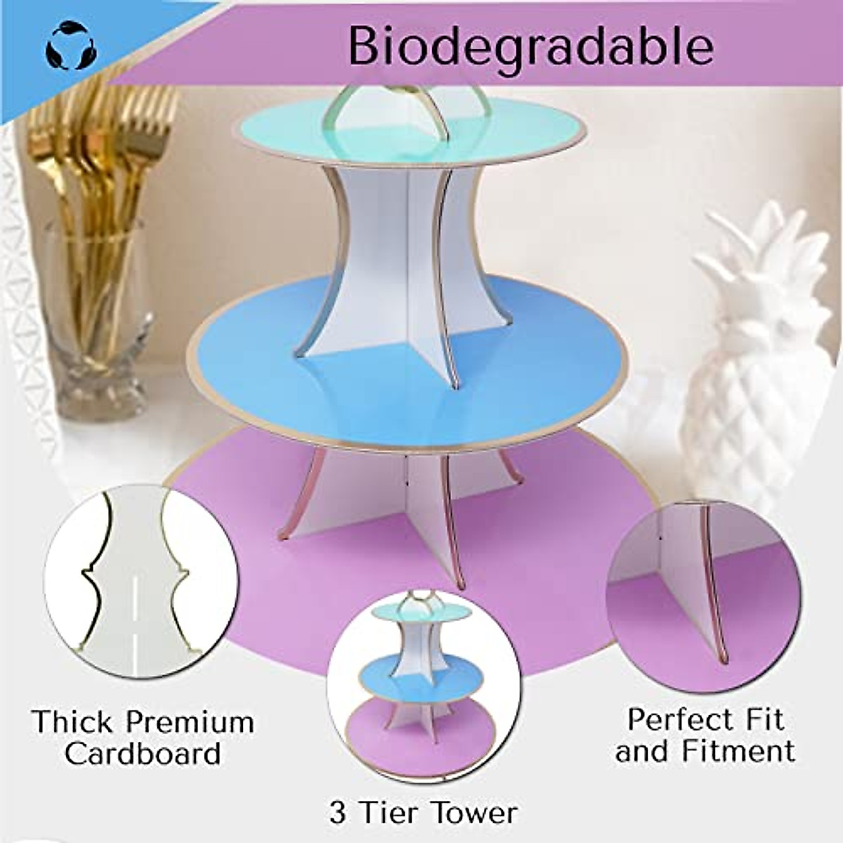 3-Tier Dessert & Cupcake Decorative Serving Tray Stand for Birthdays and All Themed Parties & Events, 2 Serving Towers Per Pack (Pastel Rainbow)