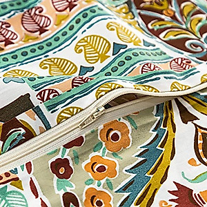 YuHeGuoJi Beige Paisley Duvet Cover Queen 100% Cotton Rust Floral Duvet Cover 3 Pcs Set 1 Exotic Boho Damask Patterned Duvet Cover with Zipper Ties 2 Pillowcases Bohemian Flower Bedding Set Soft