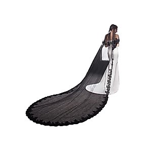 Cibelle Black Wedding Veil 2 Layers 3 Meters Long Lace Bridal Veil with Metal Comb