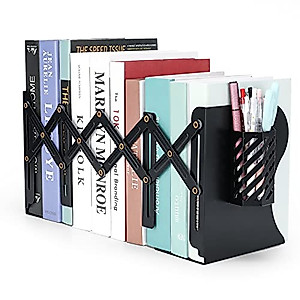 Adjustable Book Ends, Hmseng Metal Bookends Book Holders for Shelves, Desk Magazine File Organizer Holder for Office, Books, Papers, Extends up to 19 inches.Scratch-Resistant Hand Coating-Black