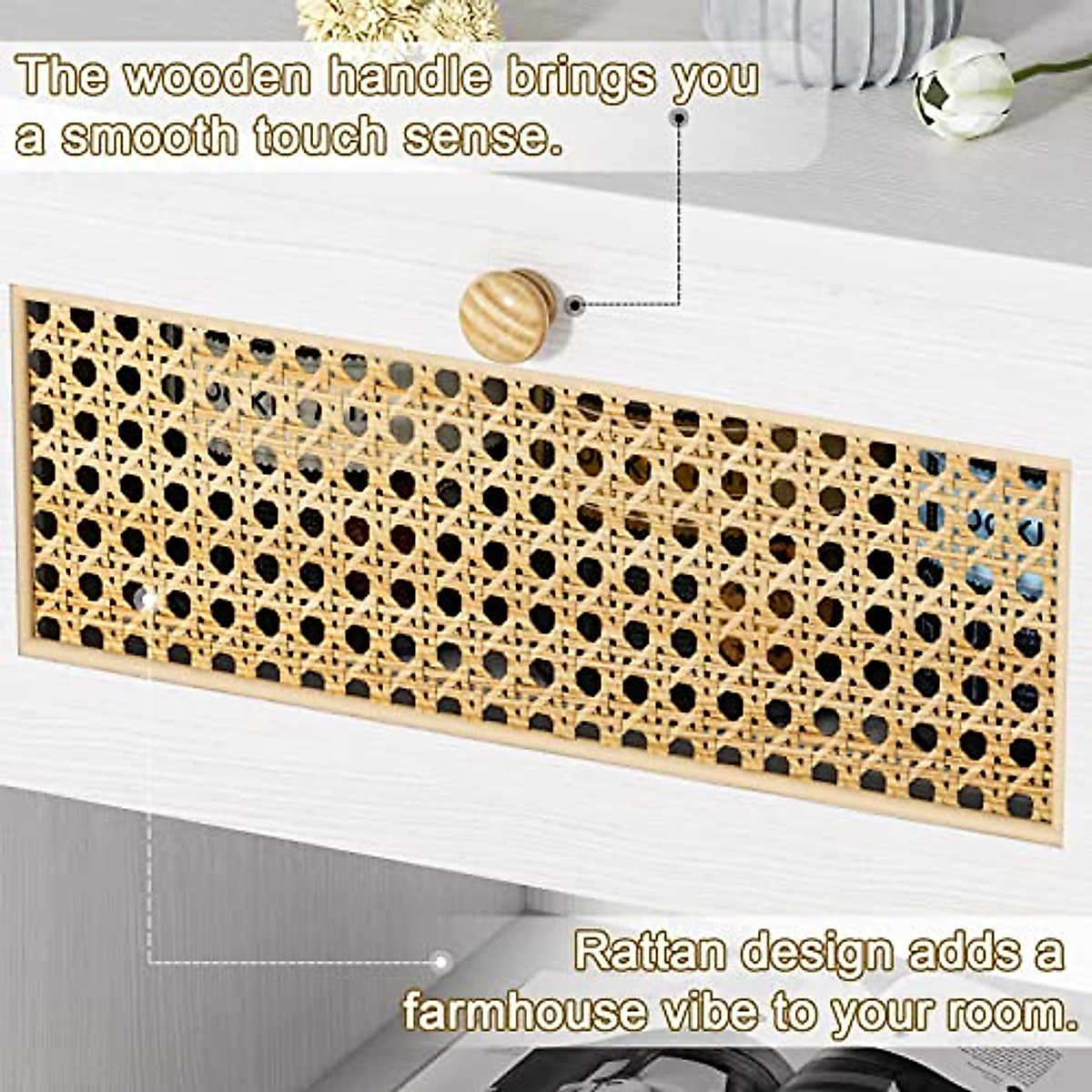 Ecoprsio Nightstands Set of 2 for Bedroom, Boho Bed Side Table with Storage Drawer, Mid-Century Modern Night Stand with Wood Finish and Rattan Drawer, End Table, Sofa Couch Side Table - White