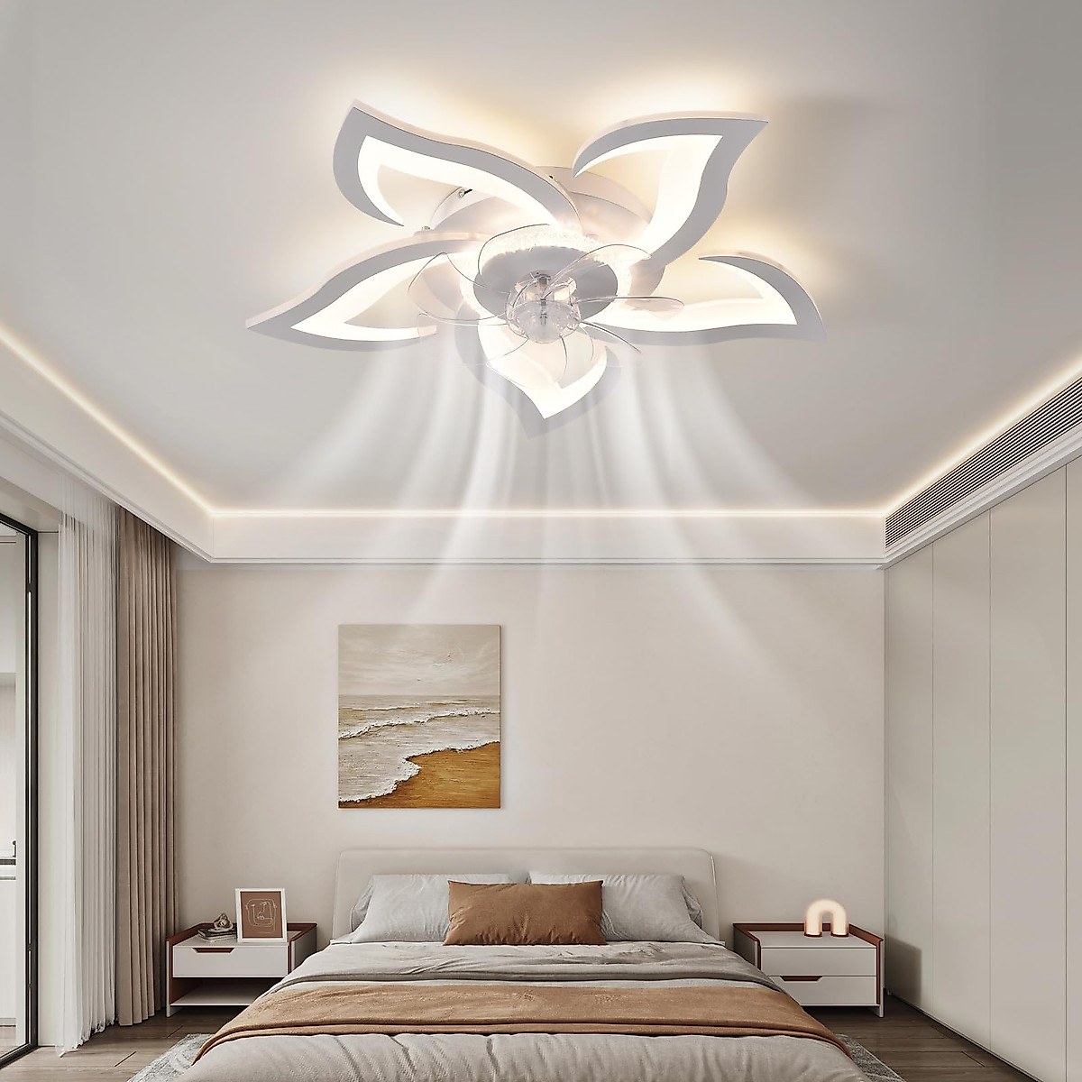 ZHMDJDSH 26" Geometric Ceiling Fan with Light Remote Control, 6 Speeds 3 Colors, White Low Profile Flush Mount Ceiling Light for Kitchen Bedroom Living Room