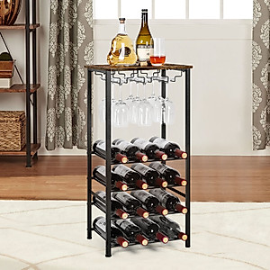 Wine Rack Table, FreeStanding Wine Bar Rack, Wine Bar Cabinet with GlassBottle Holder, Metal and Wood Industrial Wine Cabinet for Home, Floor Liquor Wine Cabinet Storage, for Bar Kitchen Dining, Brown