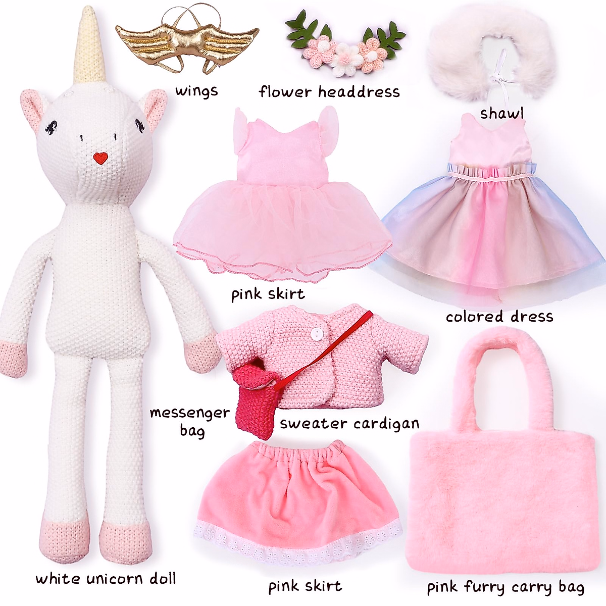 Unicorn Doll Stuffed Animal Toys for Girls - Ballerina Doll | Plush Carrier Bag | 3 Set Cloth Accessories, Kids Pretend Play Pet Care, Birthday Gift for 3 4 5 6 Year Old Little Girl Unicorn Toys