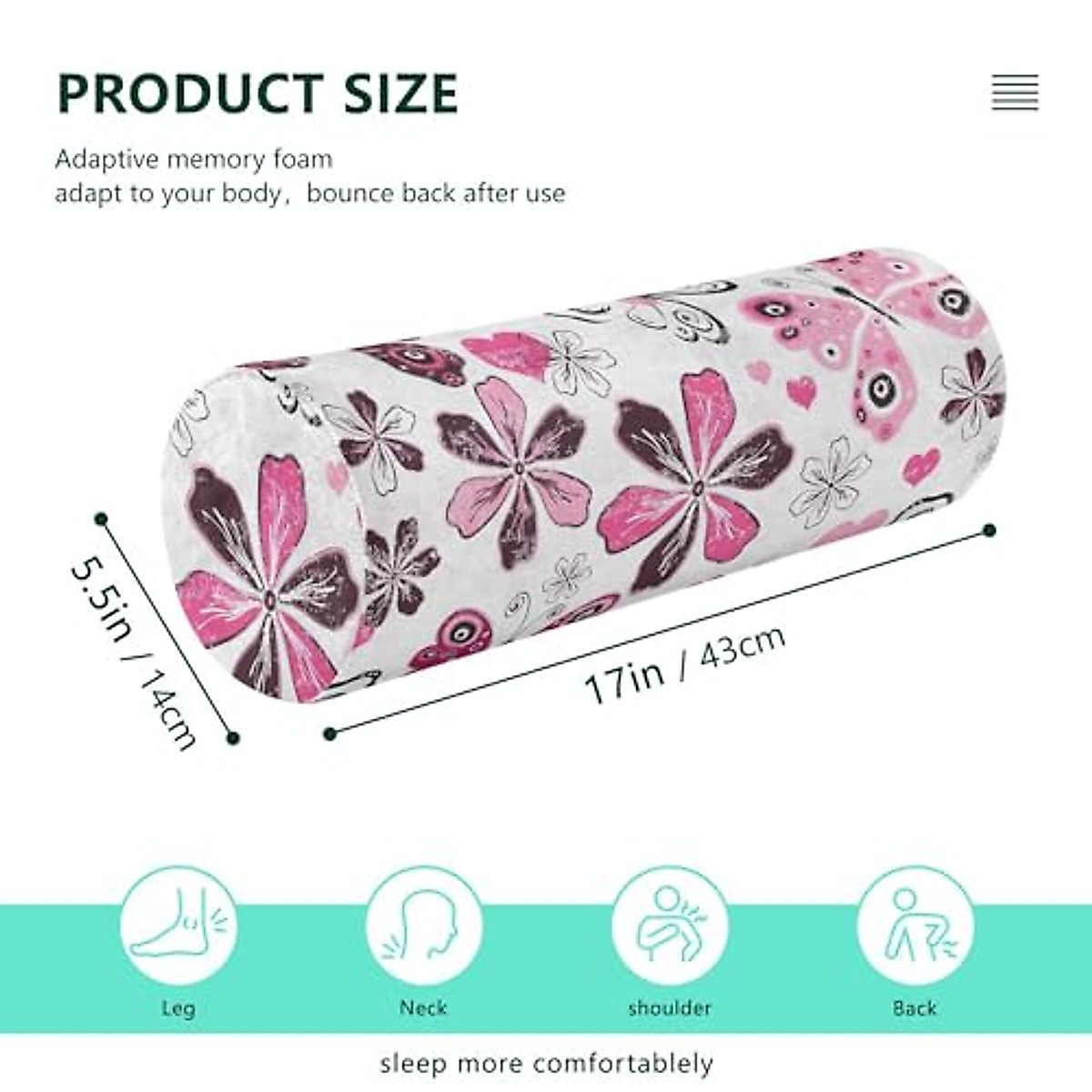 xigua Pink Butterfly Floral Neck Roll Pillow for Neck Relief with Removable Washable Cover - Memory Foam Round Cylinder Bolster, Ergonomically Designed for Head, Neck, Back, and Legs