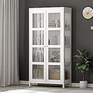 AIEGLE 5-Shelf Bookcase, Tall Display Shelf with 2 Acrylic Doors, Wooden Tall Bookcase Bookshelf Storage Cabinet for Living Room, White (35.4" L x 16.5" W x 72.3" H)
