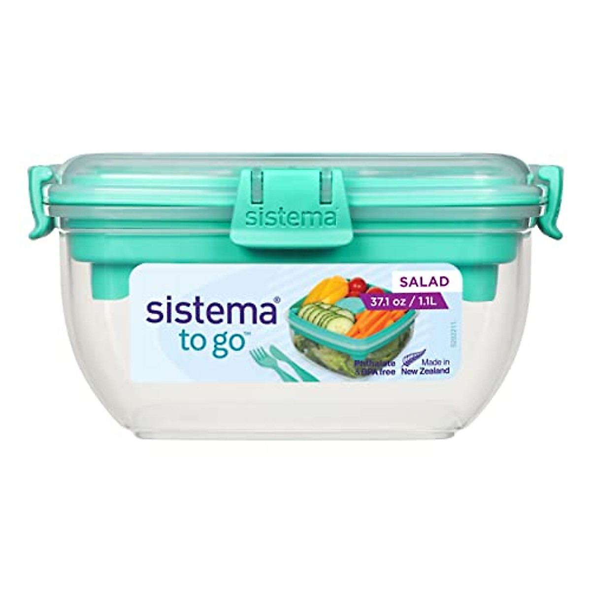 Sistema Salad Container for Lunch with Dressing Container, Bento Box 4 Compartment Tray, and Cutlery, Dishwasher Safe, 37.2-Ounce (Color may vary)