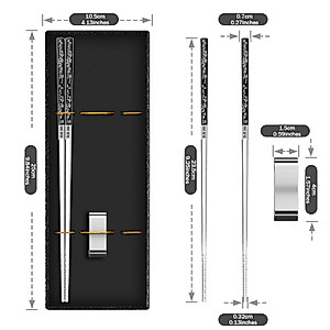 Metal Chopsticks Reusable Chop Sticks 2 Pairs with Holder Non-slip Titanium Plated Stainless Steel Chopsticks Japanese Korean Chopstick Dishwasher Safe Exquisite Pattern MOUGUTOU Gift Set (Black)
