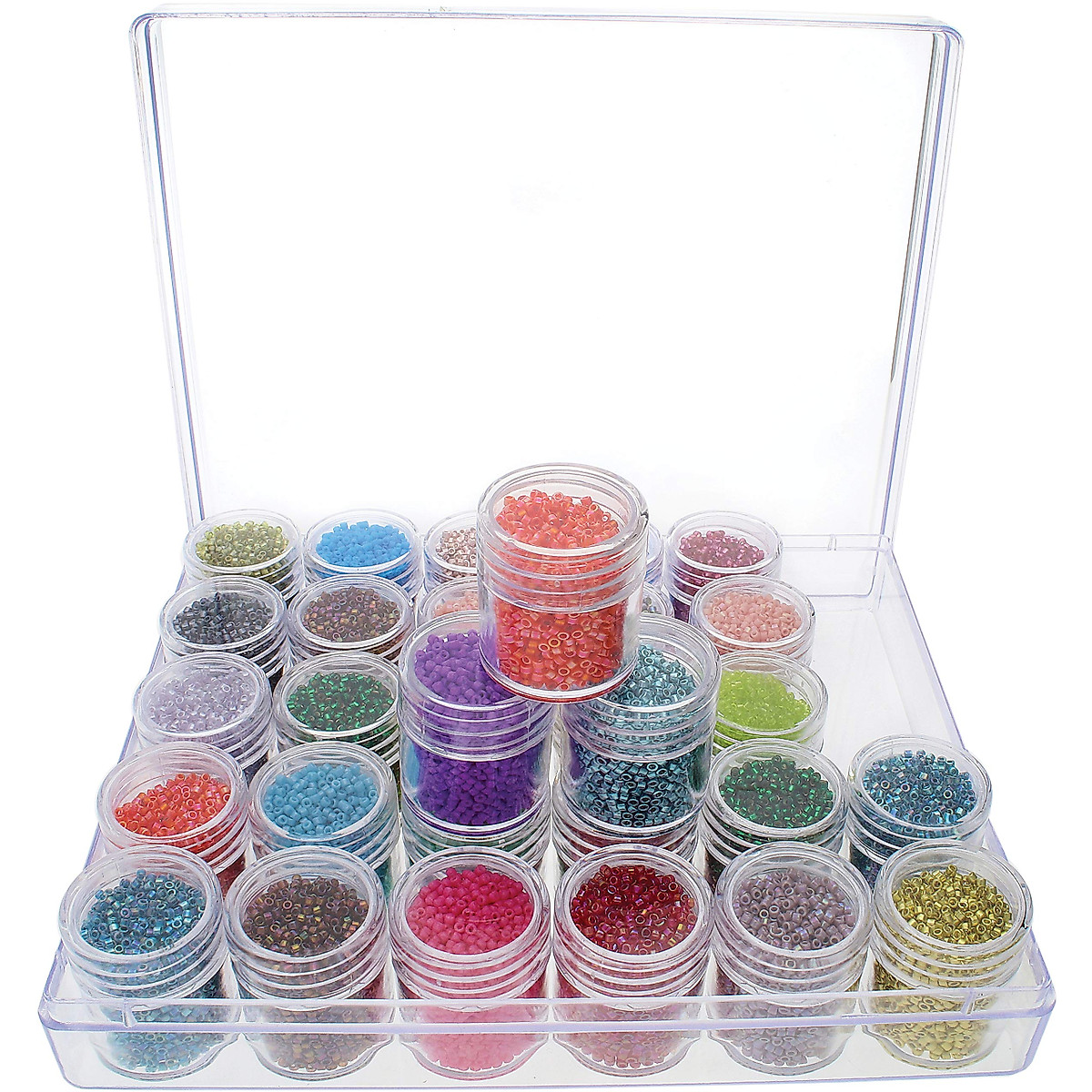 The Beadsmith Personality Case - Clear Storage Organizer Box, 6.4 x 5.4 x 1.25 inches - Includes 30 Small Containers with lids – 1 x 1.1 inches, Bead Holder