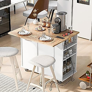 Kitchen Island On Wheel with Power Outlet, Open Storage Kitchen Island with Drop Leaf, Rolling Kitchen Island Cart, Wine Rack, Adjustable Shelves for Home, Kitchen, Dining Room, White