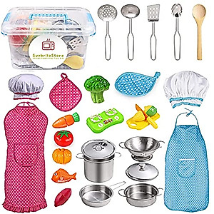 Kids Kitchen Pretend Play Toys,Cooking Set with Stainless Steel Cookware Pots and Pans Set,Cooking Utensils,Apron,Chef Hat,and Cutting Vegetables Play Cooking Set, Toddlers & Children Boys Girls