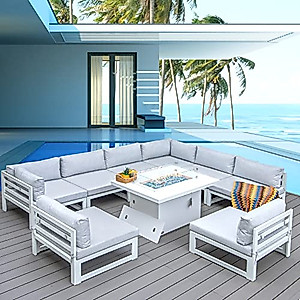 BULEXYARD Aluminum Patio Furniture Set with 43" Propane Gas Fire Pit Table, 9 Pieces Metal Outdoor Furniture Patio Sectional Sofa Large Conversation Sets w/CSA Approved Outdooor Fire Tables(White)