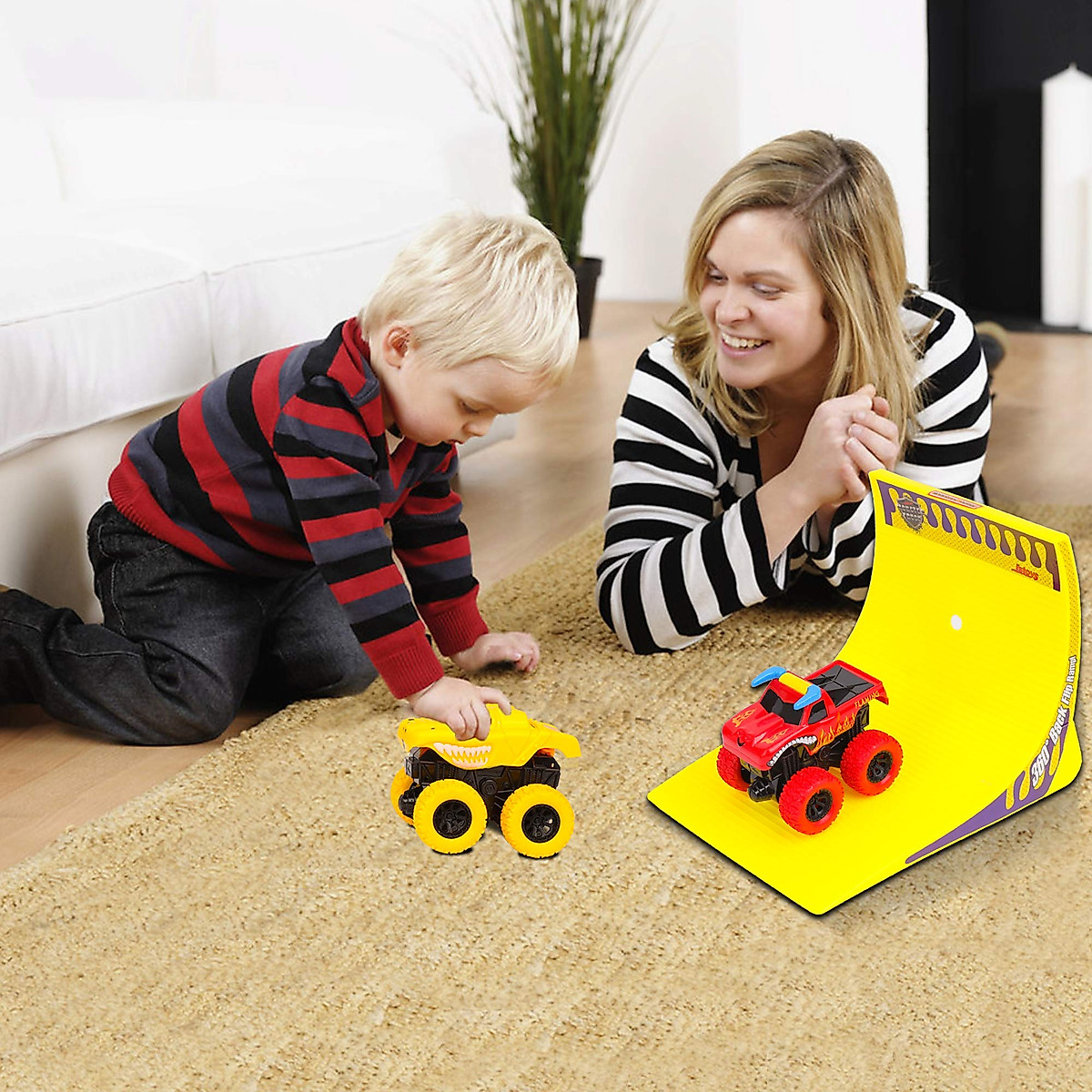 Kidstech Super Friction Monster Trucks with 360 Degrees Back Flip Ramp Track Set of 2 Cars - Push N Go Large Wheel Cars for Kids Ages 3+ (Colors May Vary)