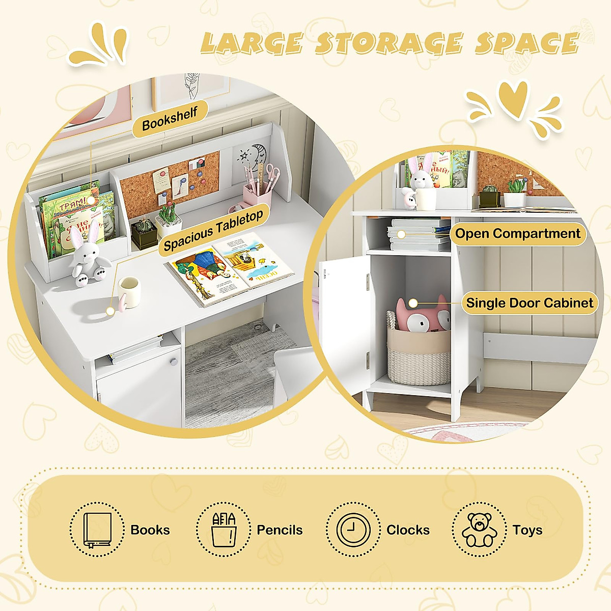 Costzon Kids Desk and Chair Set, Wooden Children Study Table with Storage, Hutch, Cork Bulletin Board, Whiteboard & Marker, Student Computer Workstation Writing Desk for Kids Bedroom, School, White