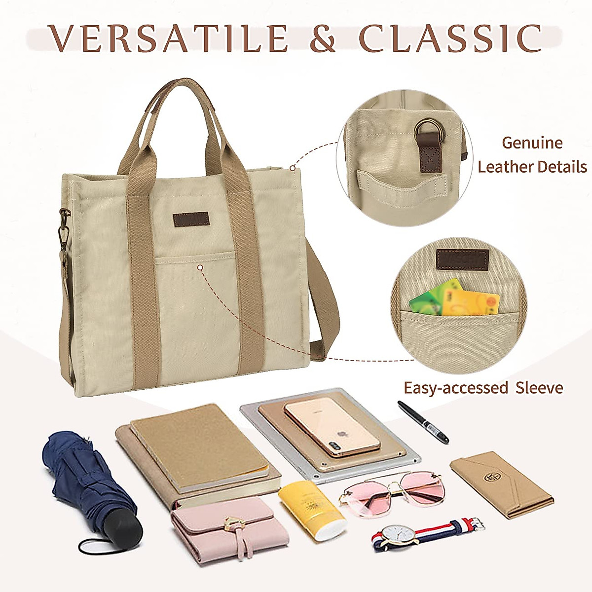 VASCHY Canvas tote bag, Casual Reusable Work Totes for Women Teachers with Zippers Pockets Crossbody Shoulder Bag Purse Apricot