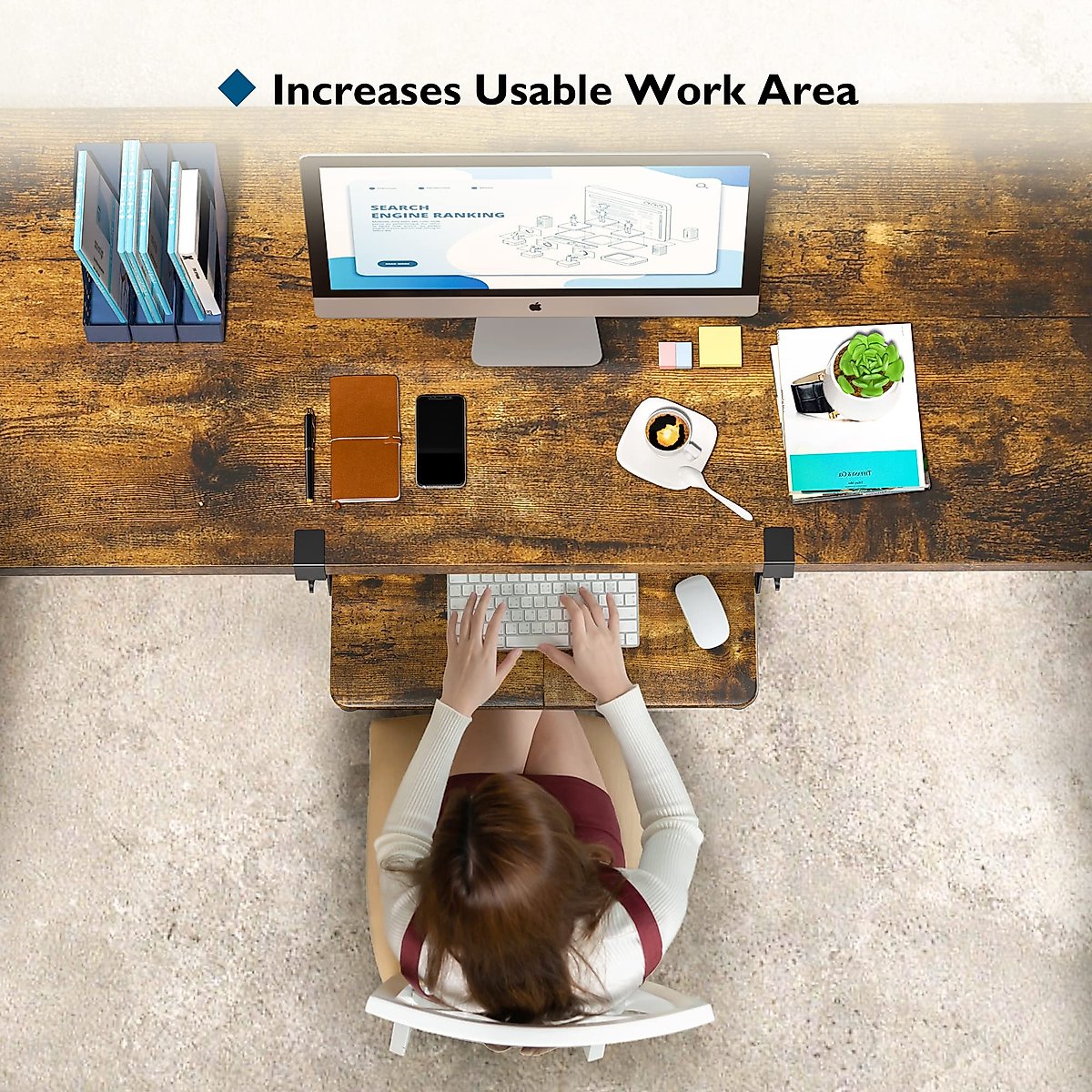 BONTEC Keyboard Tray Under Desk, Pull Out Keyboard & Mouse Tray with C-clamp, 25.6 Excluding Clamps (30 Including Clamps) x 11.8 Inch Steady Slide-Out Computer Drawer for Typing, Rustic Brown