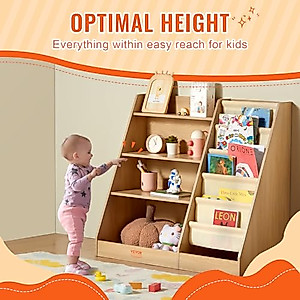 VEVOR Wooden Kids Bookshelf 4-Tier, Toy Storage Organizer for Toddler, Book Shelf for Kids Rooms with 6-Layer Sling Book Rack, Baby Book Storage Shelves for Kids Room, Playroom, Kindergarten, Nursery