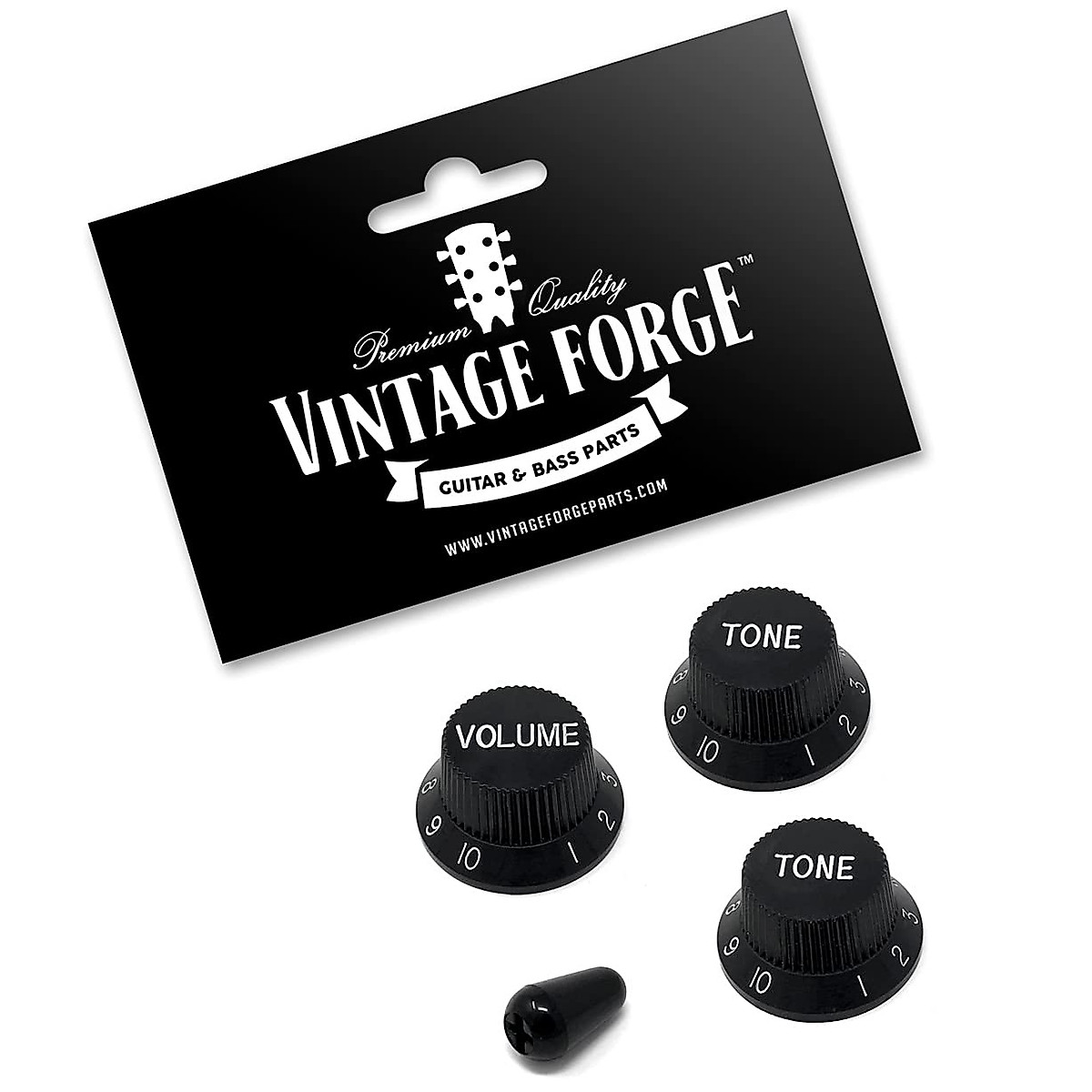 Vintage Forge Black Guitar Control Knobs (1 Volume, 2 Tone, 1 Switch Tip) for Fender Strat Style Electric Guitars Fits USA (Imperial) Split Shaft Pots STKUS-BLK