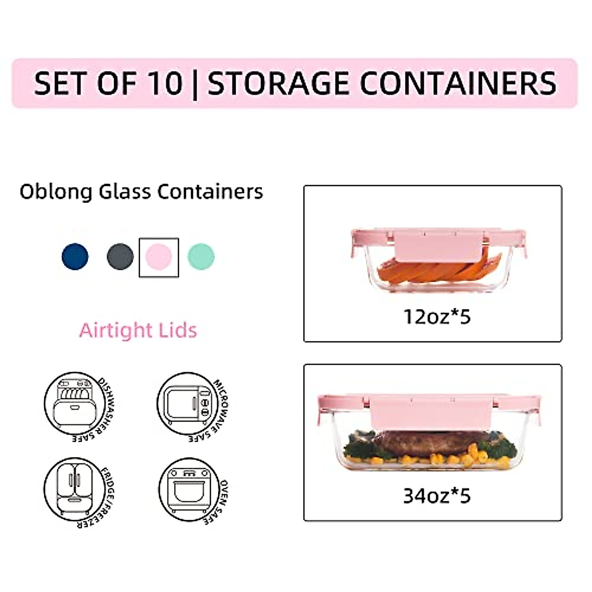 10 Pack Glass Meal Prep Containers with Lids and Steam Vent, Leak-Proof Food Storage Containers with Airtight Lids, Dishwasher / Microwave / Oven / Freezer Safe Glass Containers for Leftovers (Pink)