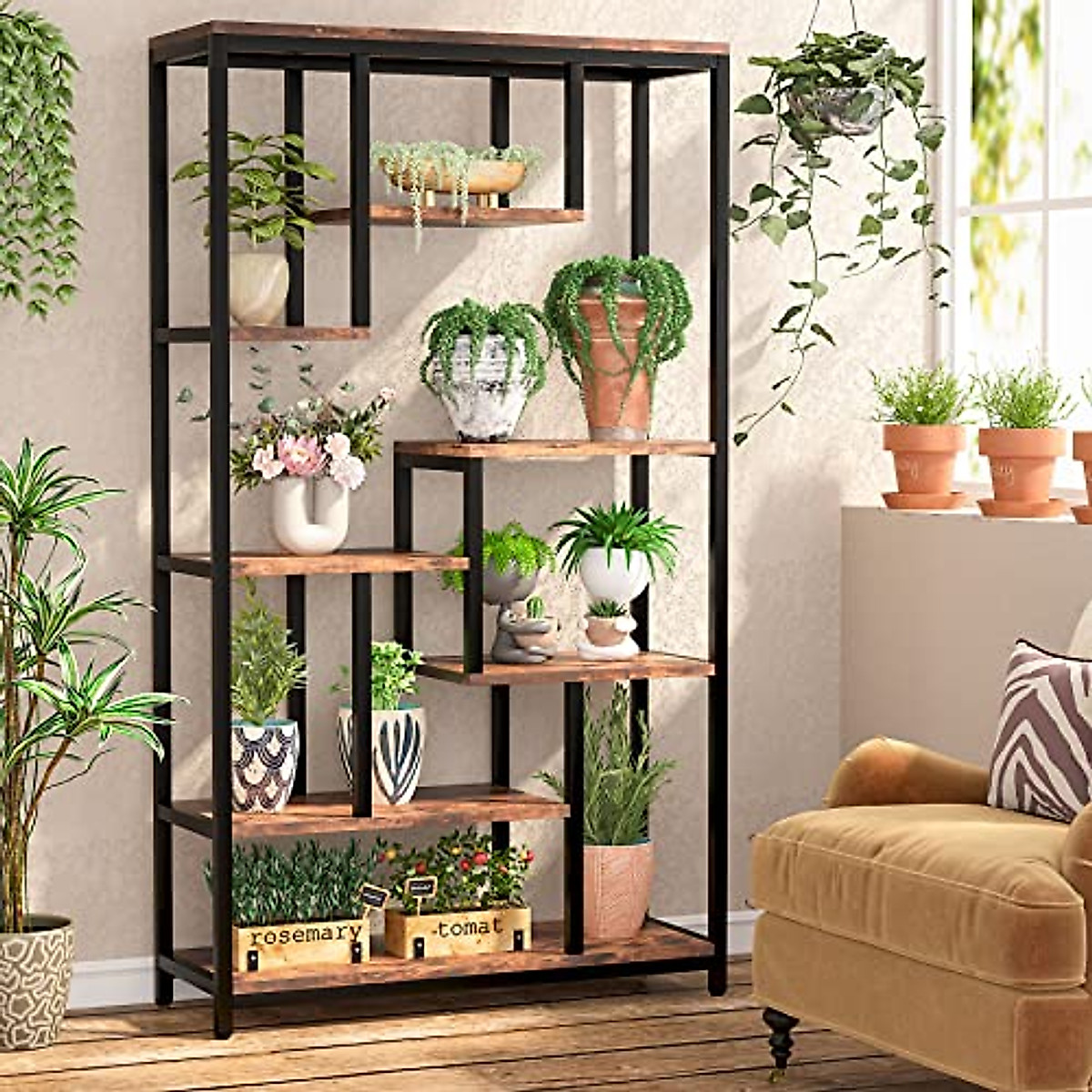 LITTLE TREE 70.8 Inches Tall Bookshelf, Industrial Bookcase for Home Office, Rustic Brown 8-Shelves Wood and Metal Frame Display Shelf Open Storage Organizer Shelves