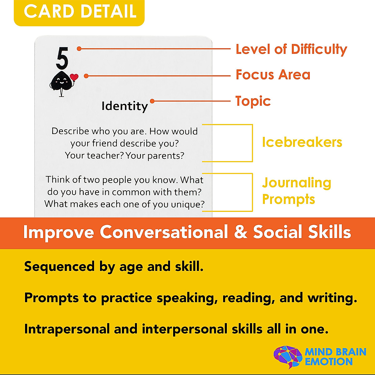 Mind Brain Emotion 52 Essential Conversations for Home, Therapy, Speech, School Classroom - Conversation Cards for Kids, Family, Teacher & Counselor to Build Growth Mindset & Communication Skills