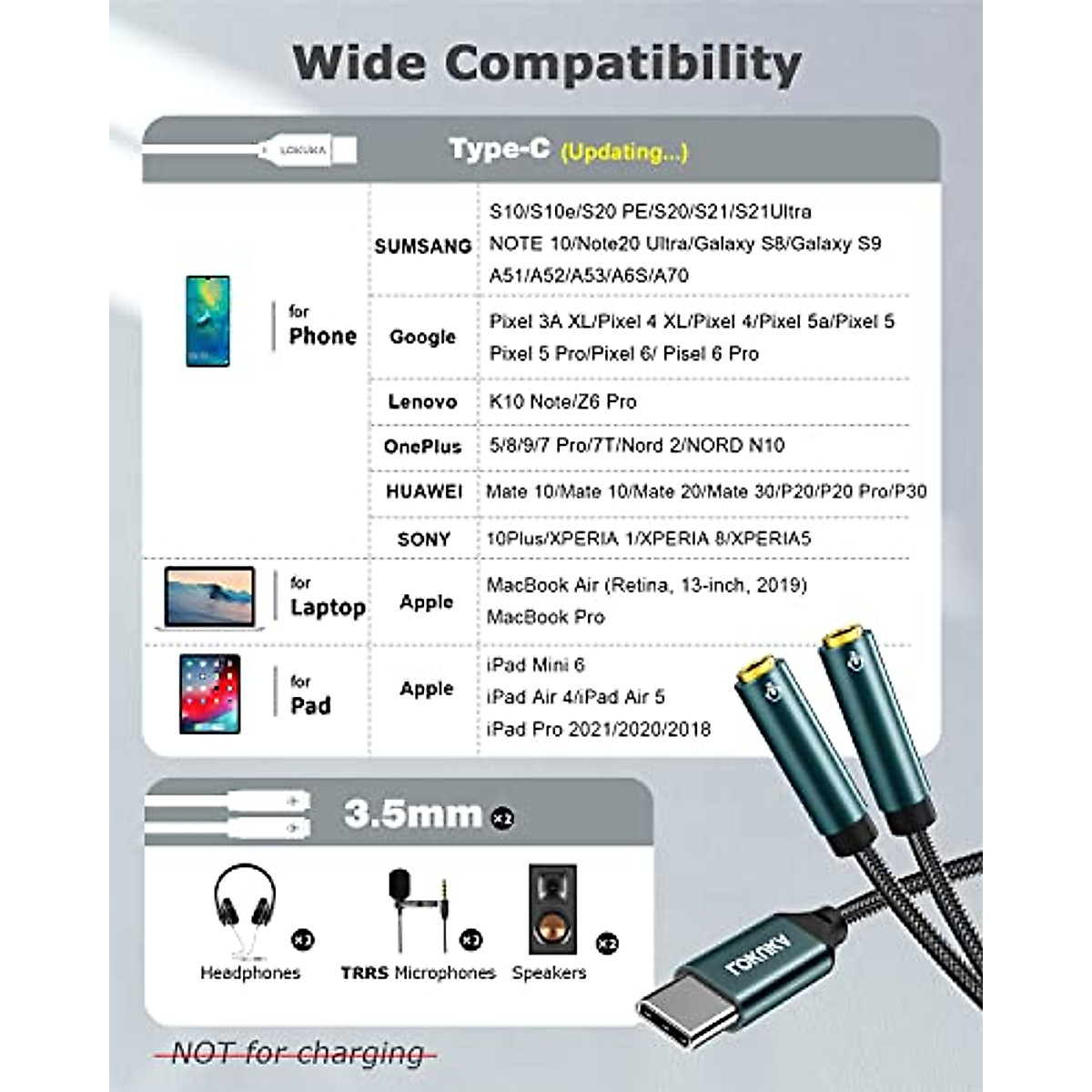 LOKUKA USB C to Dual 3.5mm Female Headphone Splitter, Type C to AUX TRRS 2-in-1 Audio Adapter with Hi-Res DAC Chip, for USB-C Smartphone, Laptop, Pad to Two Headphones, Speakers, TRRS Microphones